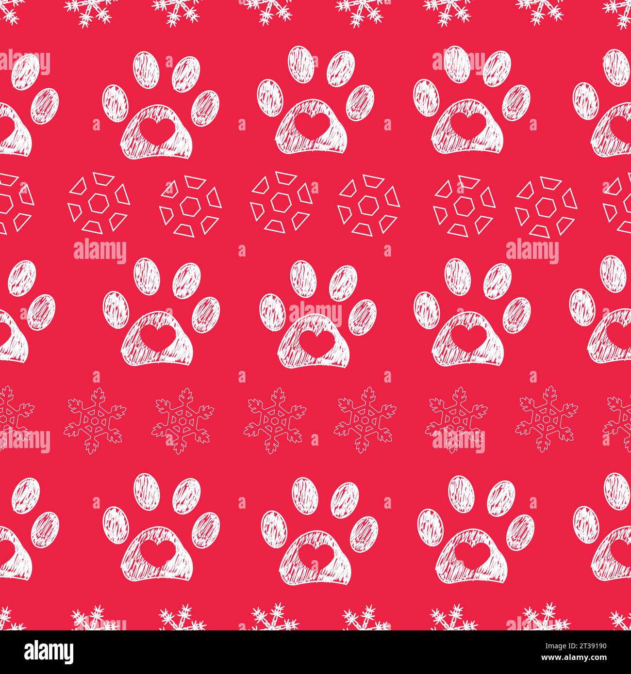 Christmas colored red background colored white paw prints and ...