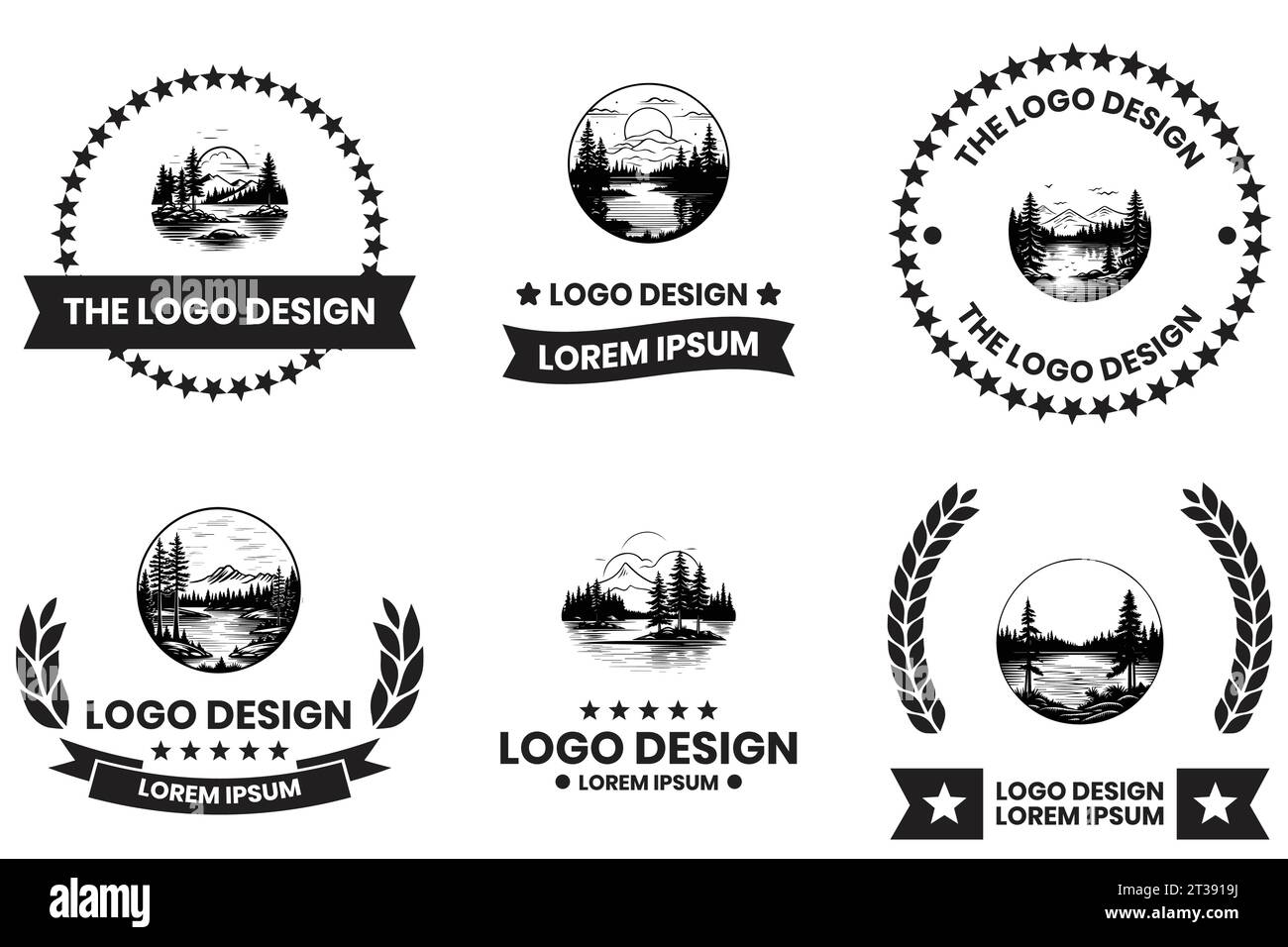 Cottage or building at lake logo in flat line art style isolated on ...