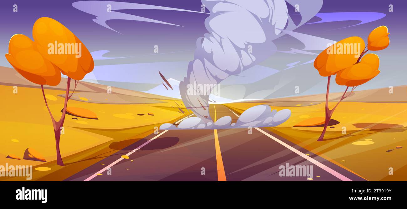 Tornado storm cyclone on autumn road vector landscape. Hurricane wind ...