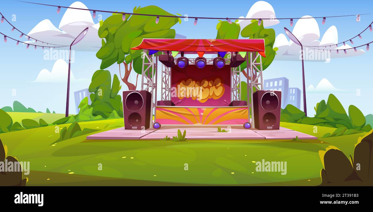 Outdoor music festival stage in summer park vector illustration. Open ...