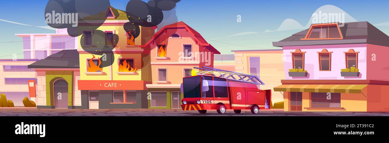 Fire truck arrives to put out burning building in city. Cartoon vector ...