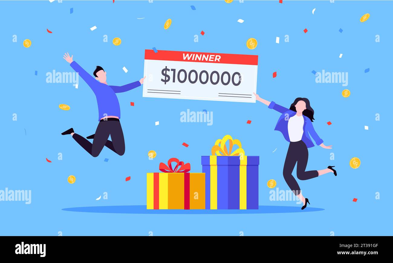 Happy lottery winners with big prize paycheck. Fortune lottery or ...