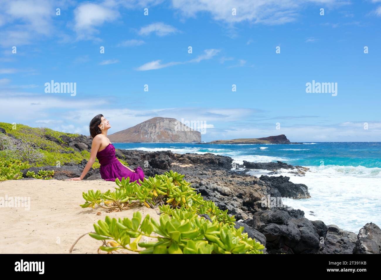 One young woman in purple dress sitting on rocky shore looking out over ...