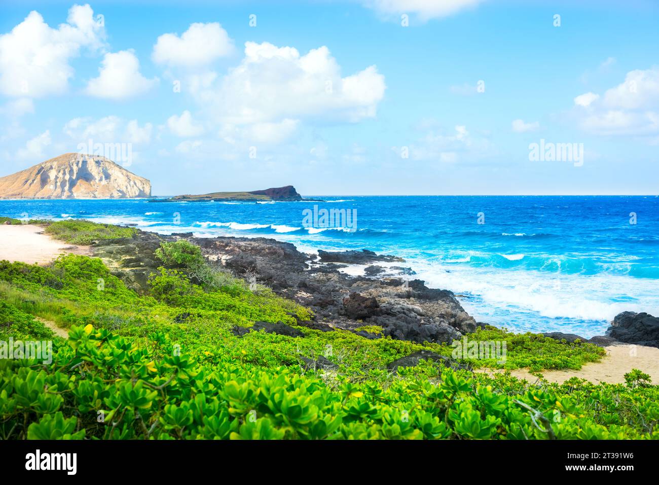 View of ocean along rocky Makapu'u Beach park , Oahu, Hawaii Stock ...