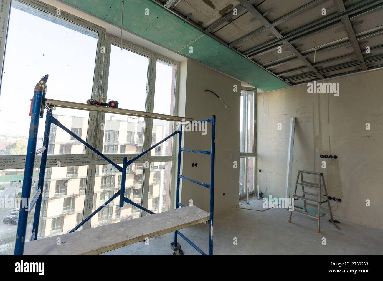 The metal frame of the ceiling, sound insulation, in the process of ...