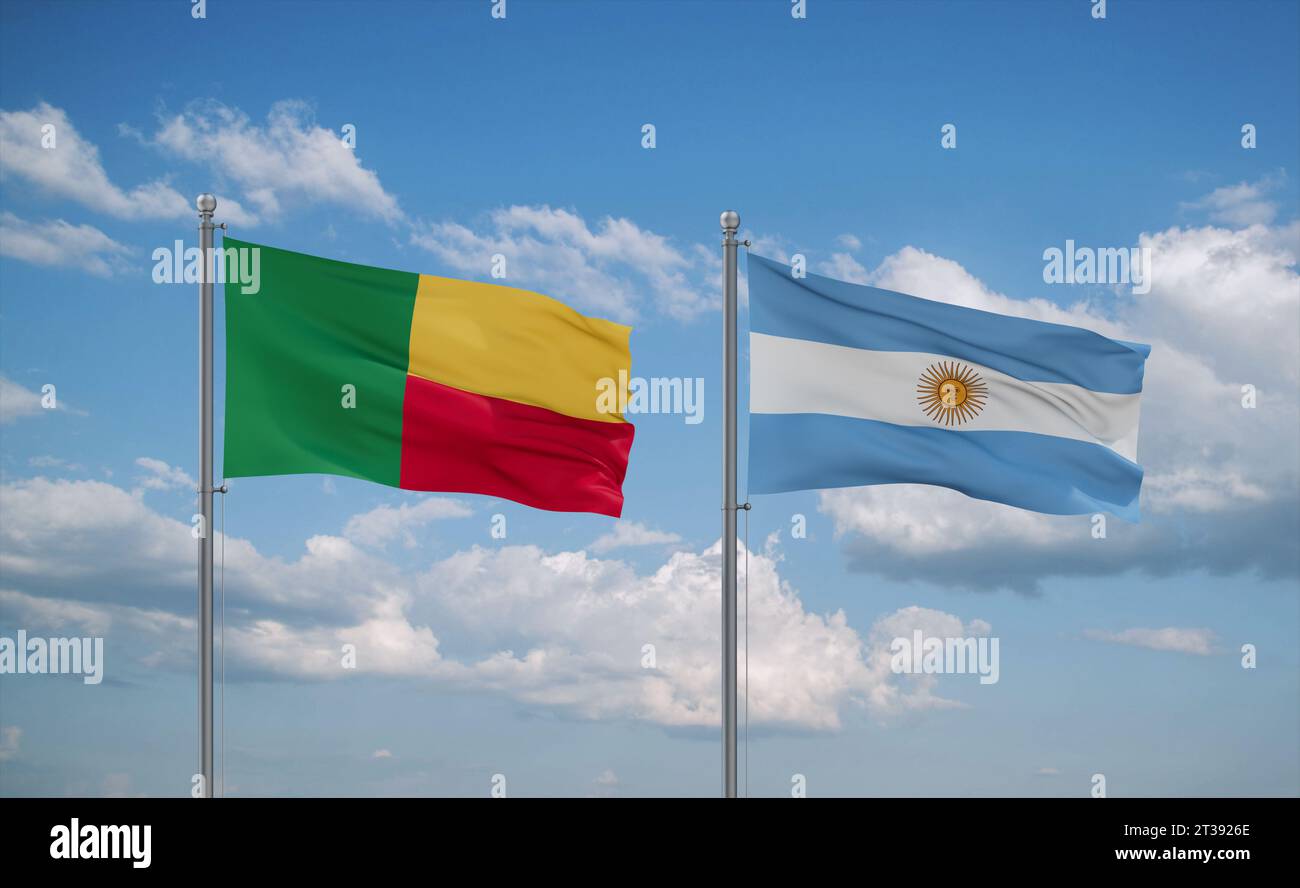 Argentina and Benin flags waving together on blue cloudy sky, two country relationship concept ...
