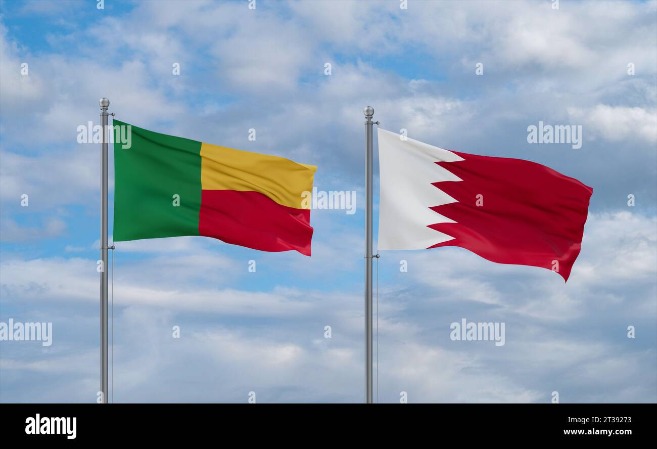 Bahrain and Benin flags waving together on blue cloudy sky, two country ...