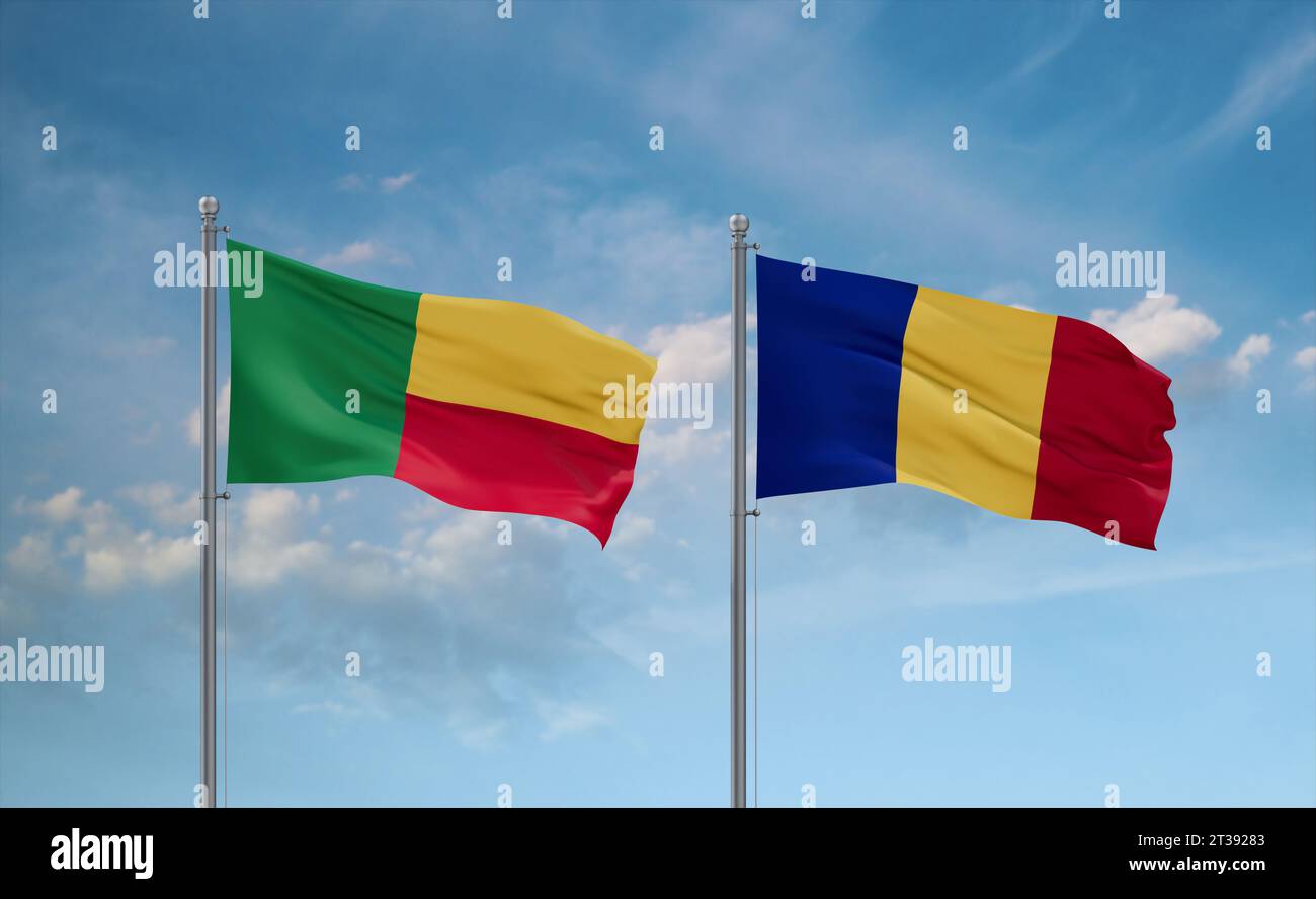 Republic of Chad and Benin flags waving together in the wind on blue cloudy sky, two country ...