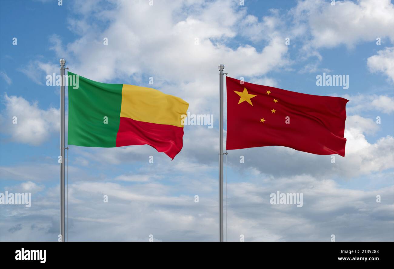 China and Benin flags waving together on blue cloudy sky, two country relationship concept Stock ...