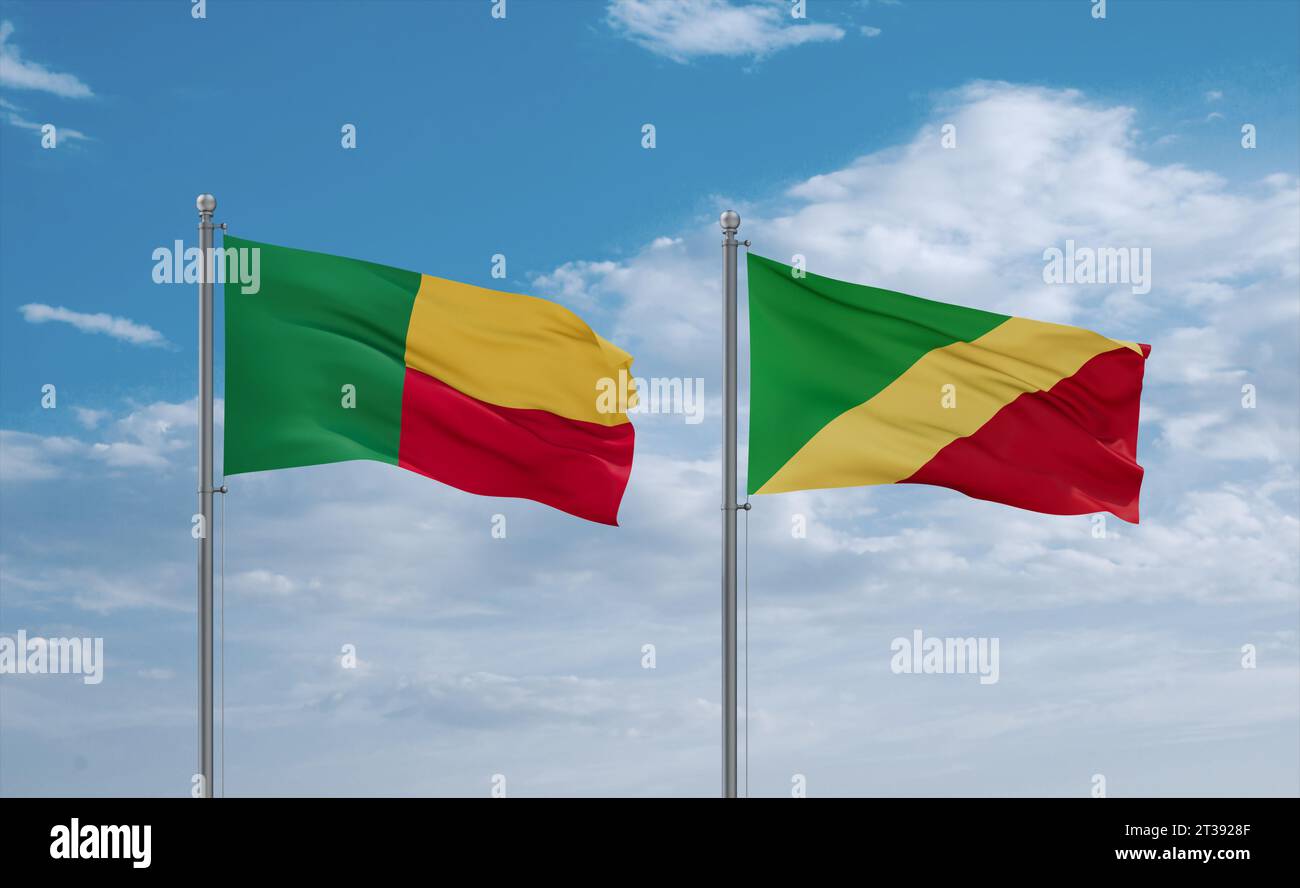 Republic of the Congo or Congo-Brazzaville and Benin flags waving together in the wind on blue ...
