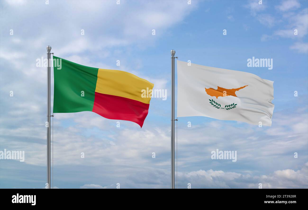 Cyprus and Benin flags waving together on blue cloudy sky, two country relationship concept ...