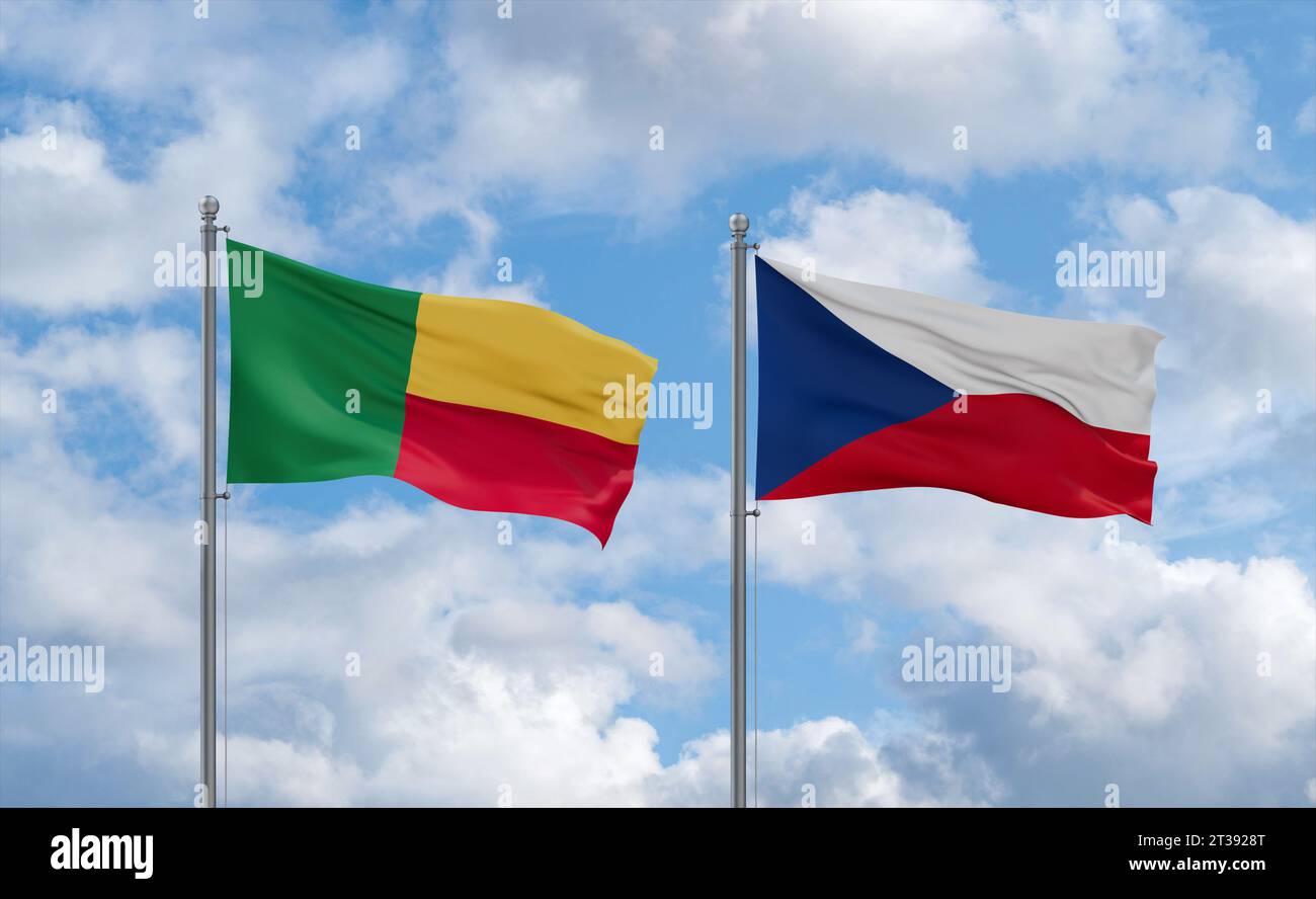 Czech Republic and Benin flags waving together on blue cloudy sky, two country relationship ...