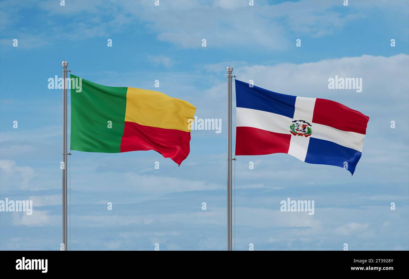 Dominican Republic and Benin flags waving together on blue cloudy sky, two country relationship ...