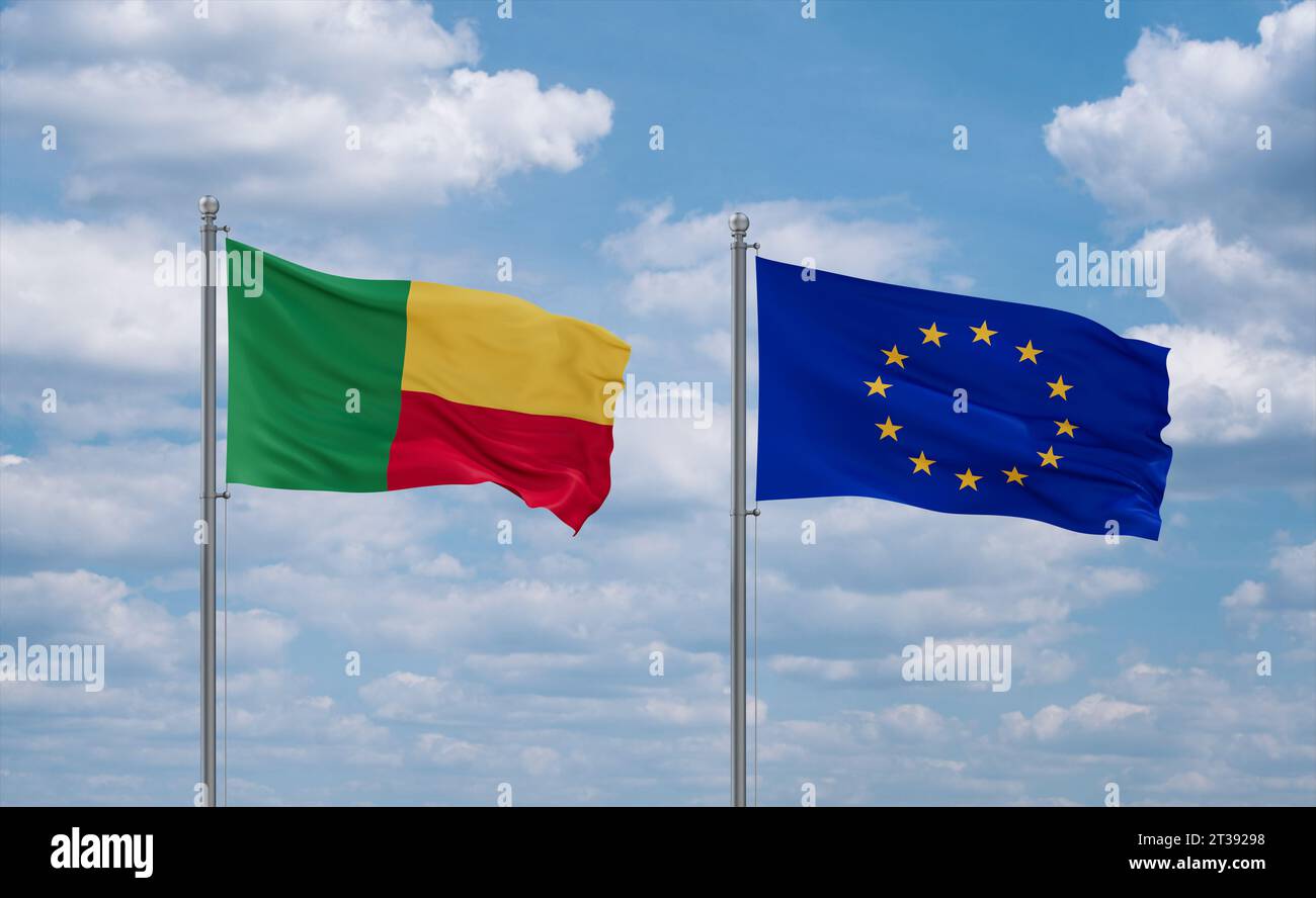 European Union and Benin flags waving together in the wind on blue ...