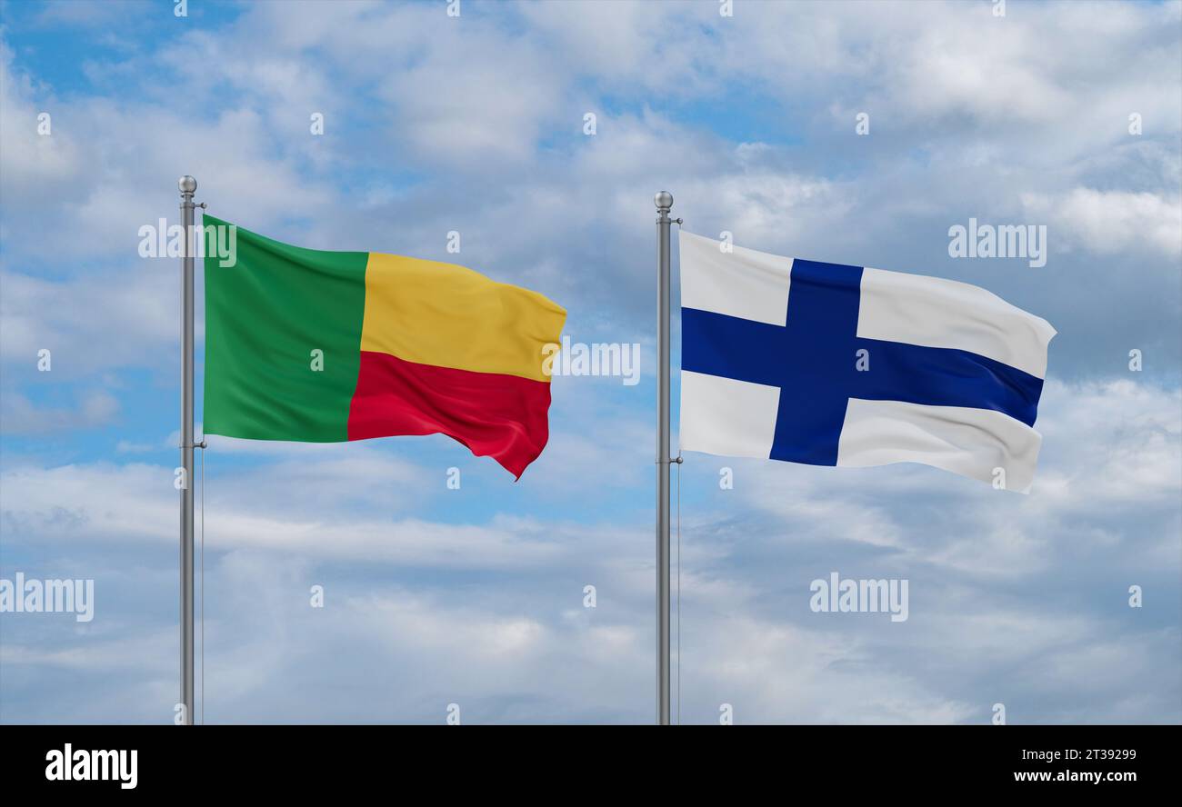 Finland and Benin flags waving together on blue cloudy sky, two country relationship concept ...