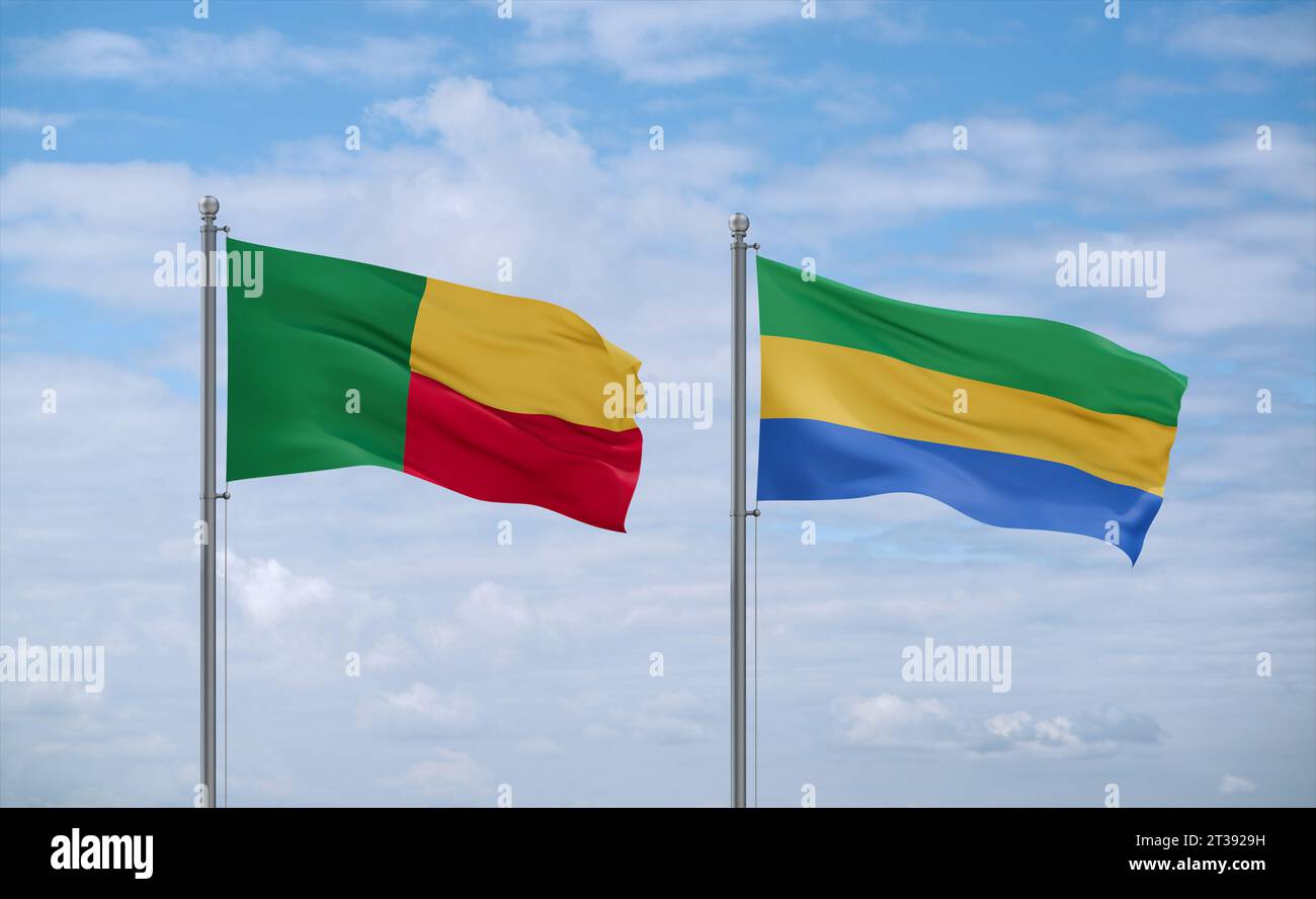 Gabon and Benin flags waving together on blue cloudy sky, two country relationship concept Stock ...