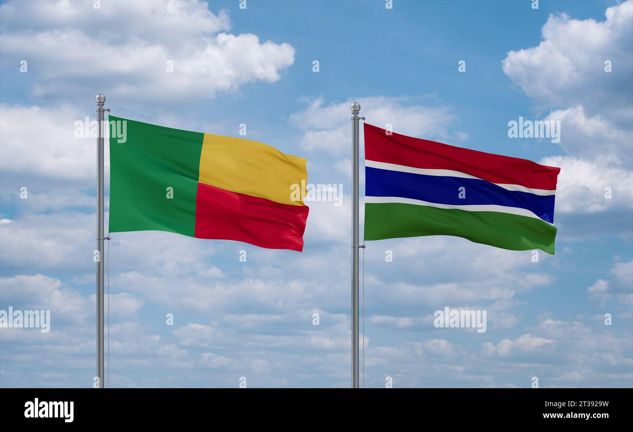Gambia and Benin flags waving together on blue cloudy sky, two country relationship concept ...