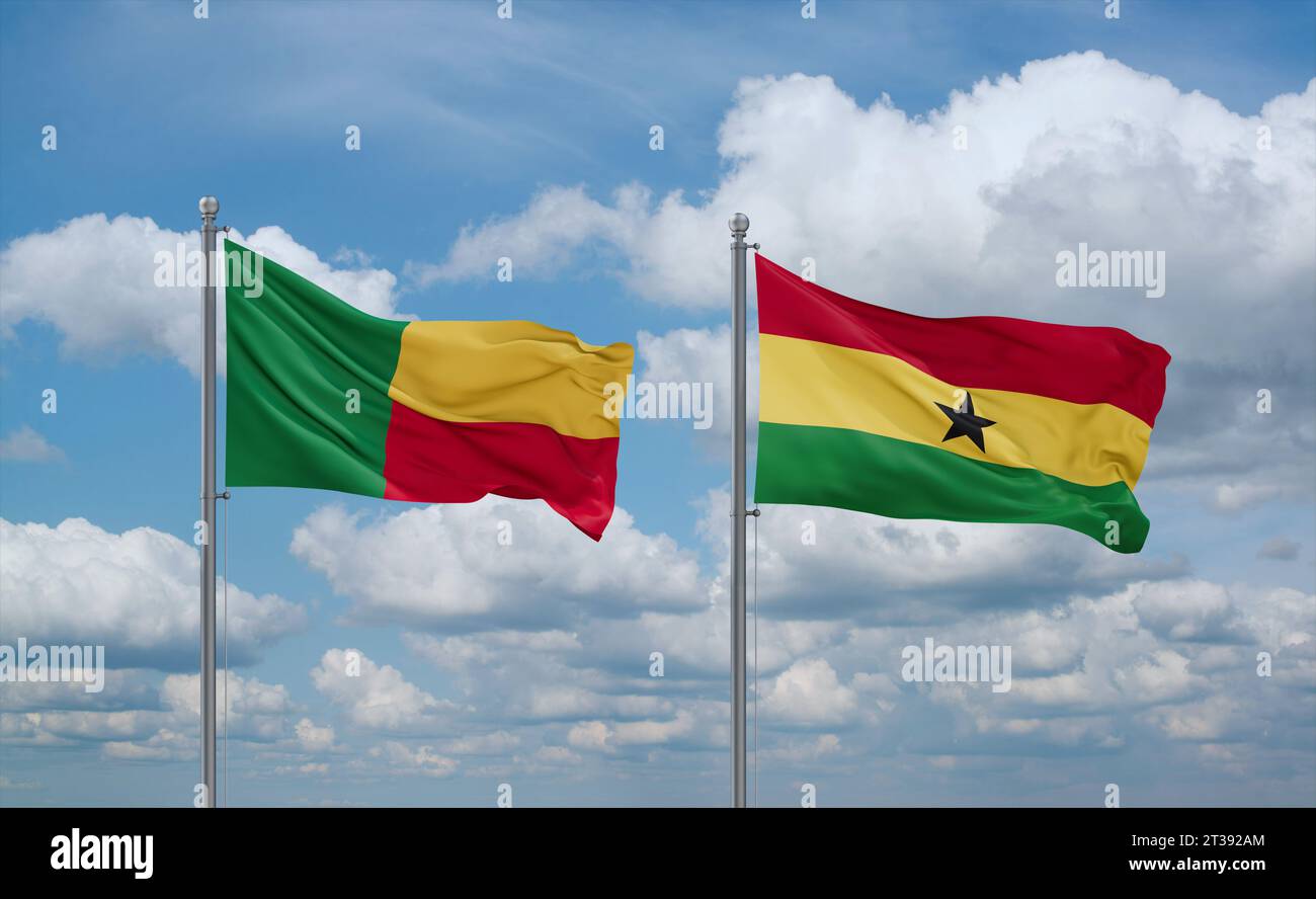 Ghana and Benin flags waving together on blue cloudy sky, two country relationship concept Stock ...