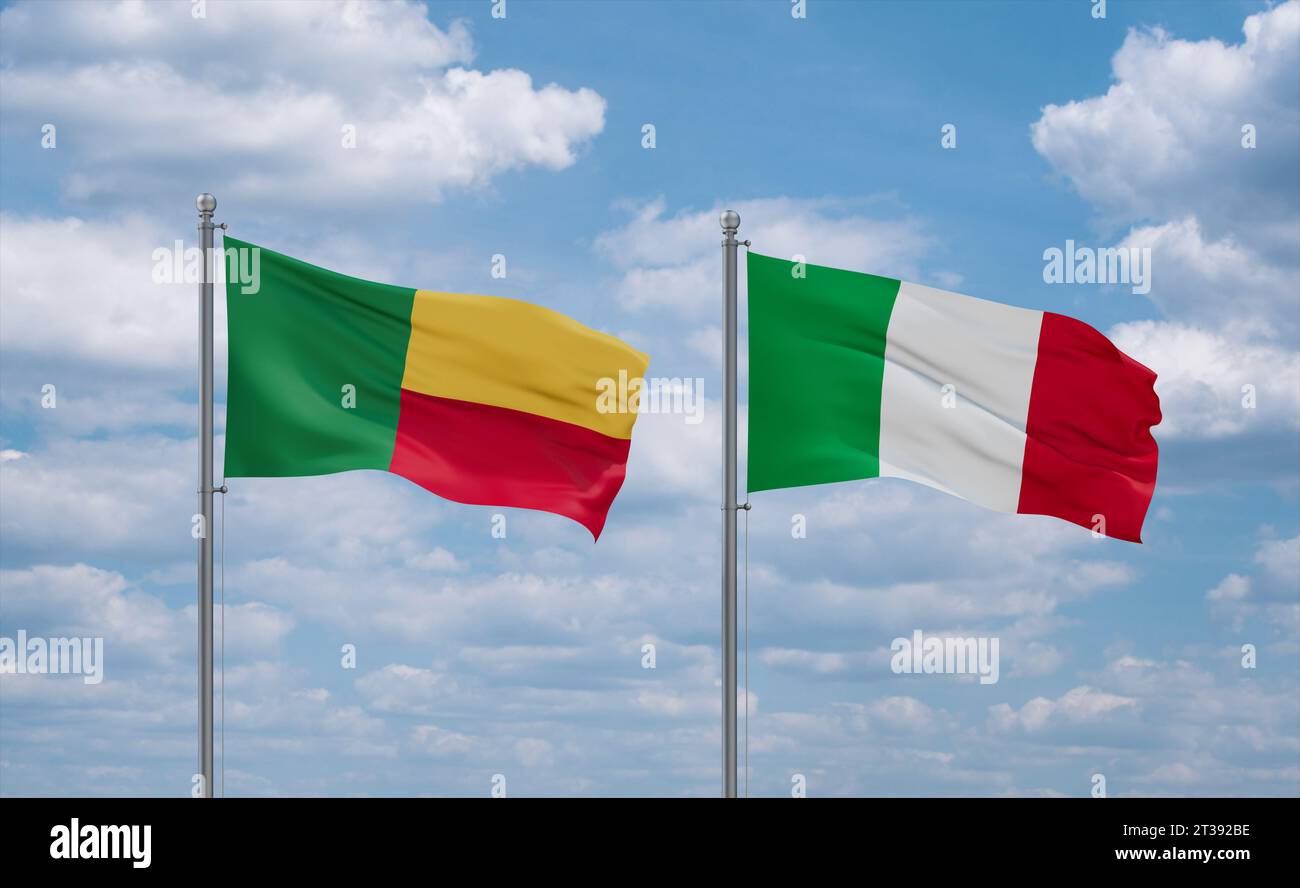Italy and Benin flags waving together in the wind on blue cloudy sky, two country relationship ...