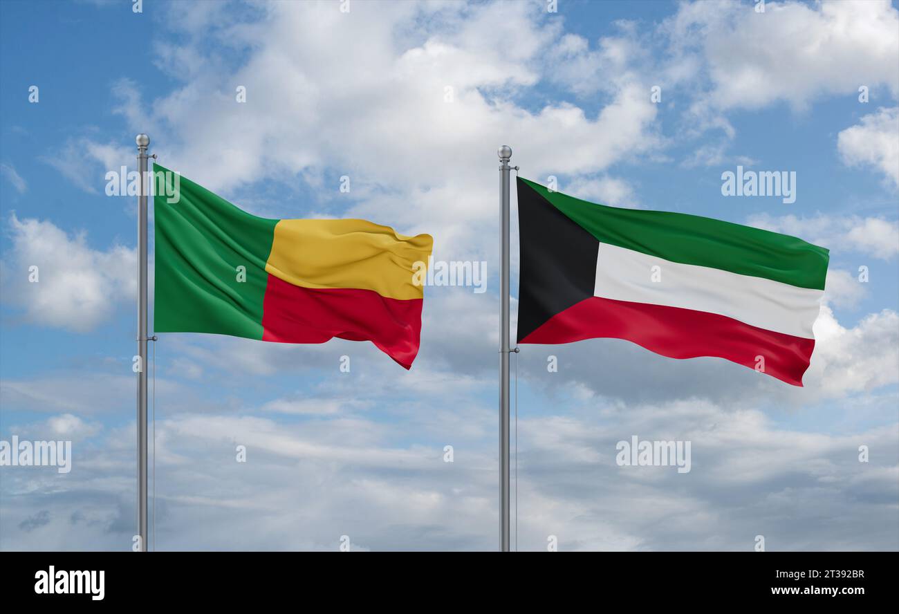 Kuwait and Benin flags waving together in the wind on blue cloudy sky, two country relationship ...