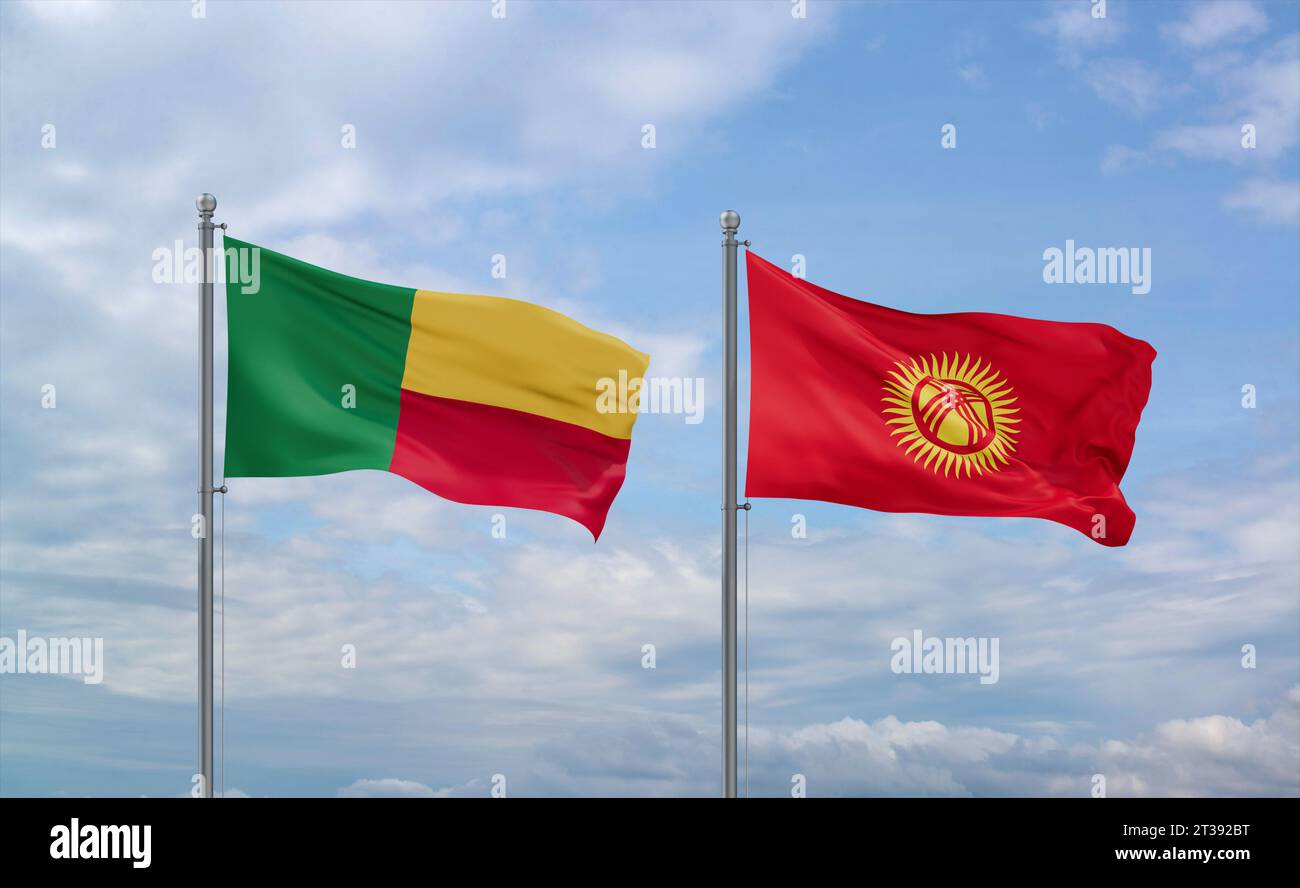 Kyrgyzstan and Benin flags waving together on blue cloudy sky, two country relationship concept ...