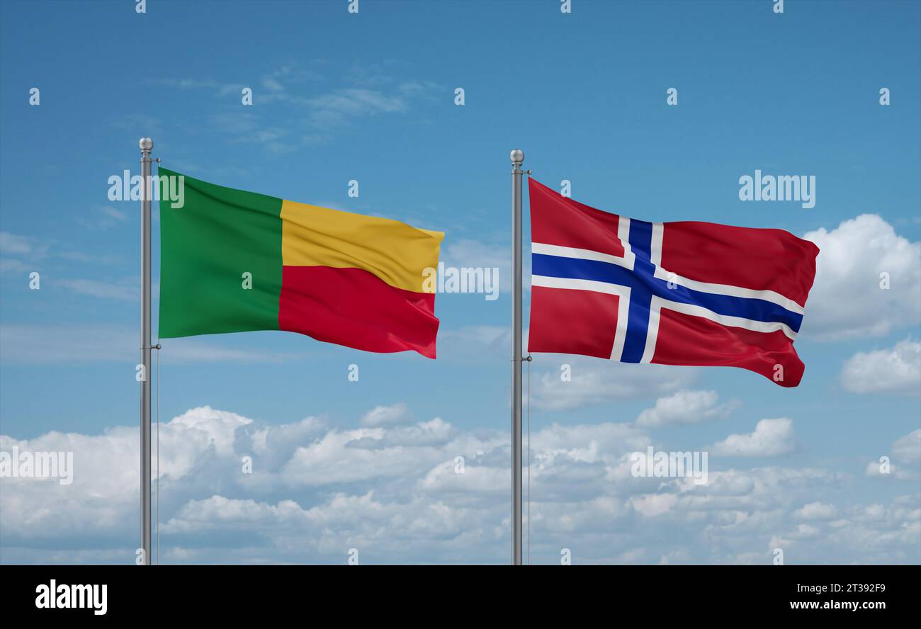 Norway and Benin flags waving together on blue cloudy sky, two country relationship concept ...