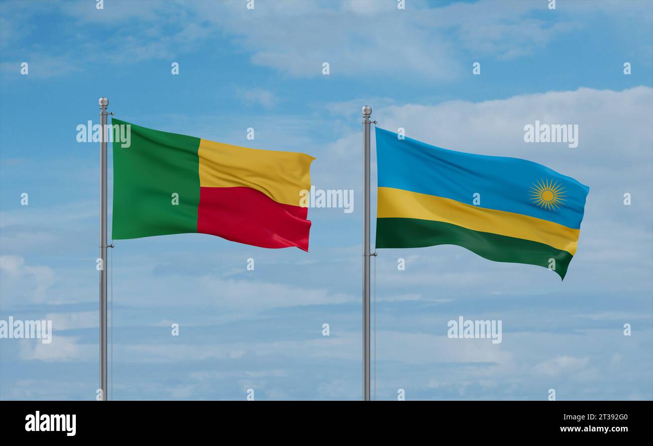 Republic of Rwanda and Benin flags waving together in the wind on blue cloudy sky, two country ...