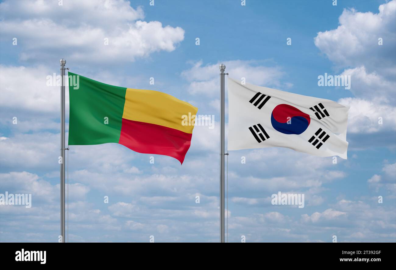South Korea or Republic of Korea or ROK and Benin flags waving together in the wind on blue ...