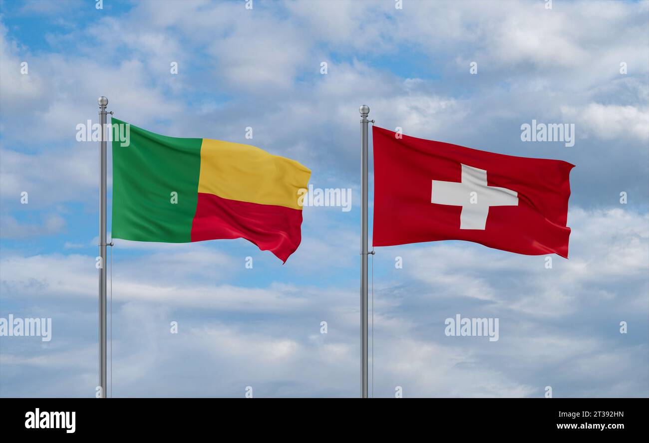 Switzerland and Benin flags waving together in the wind on blue cloudy sky, two country ...