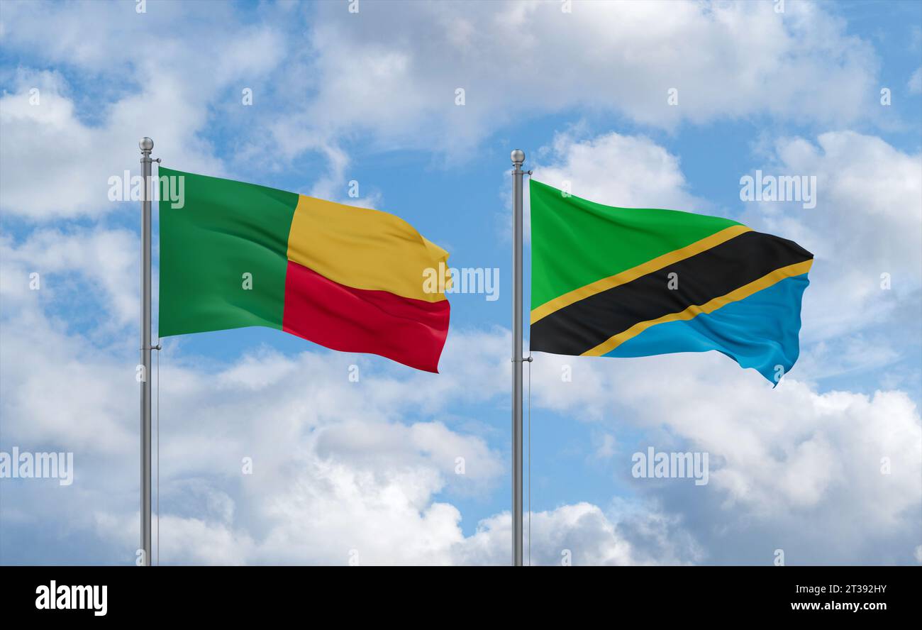 Tanzania and Benin flags waving together in the wind on blue cloudy sky, two country ...