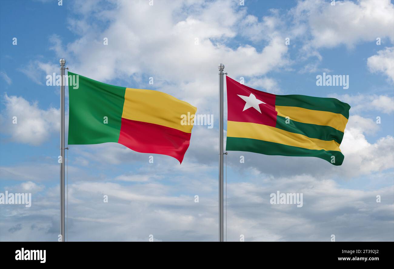 Togo, Togolese Republic and Benin flags waving together in the wind on ...