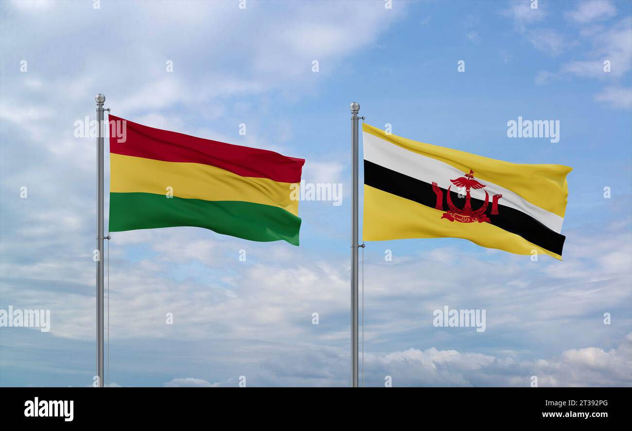 Brunei and Bolivia flags waving together on blue cloudy sky, two country relationship concept ...