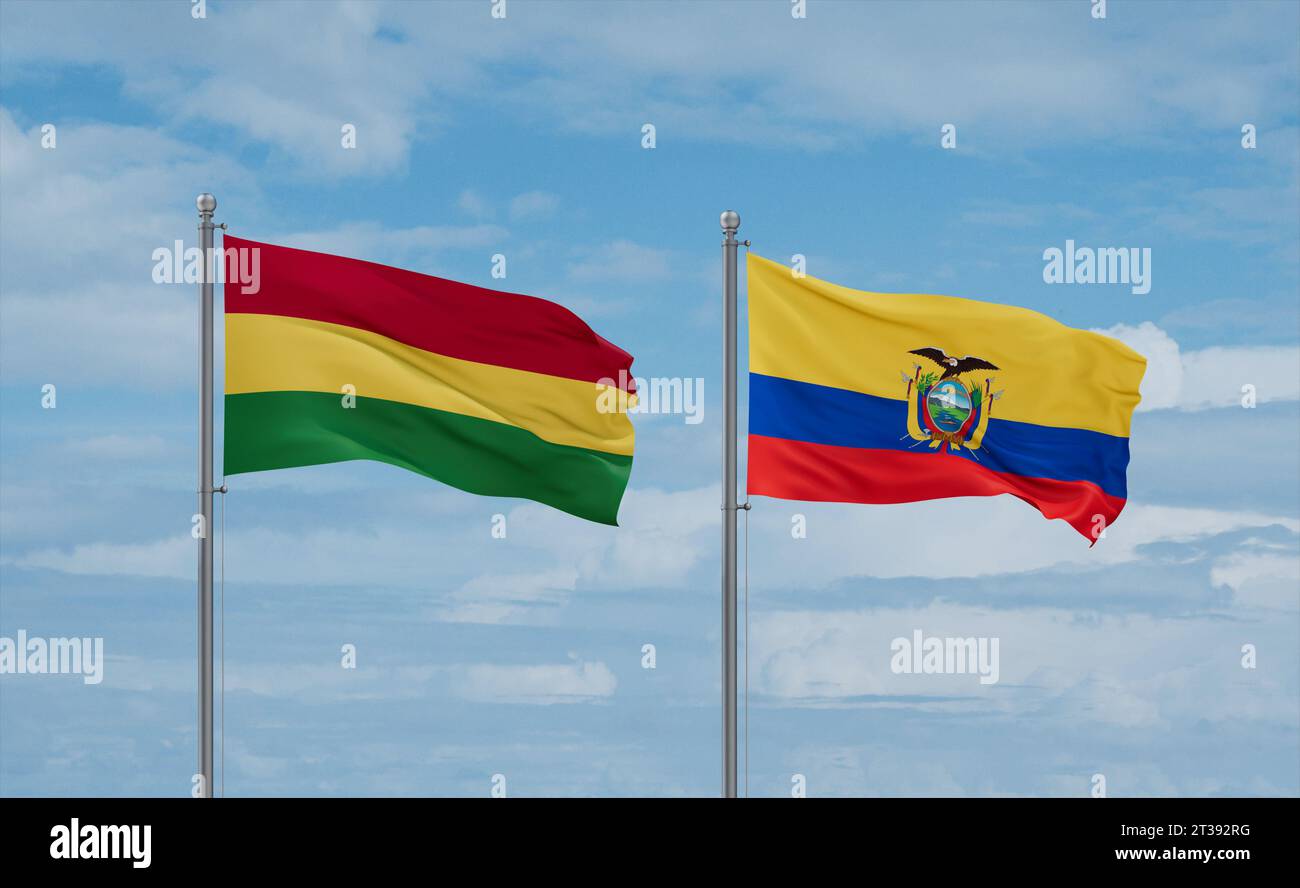 Ecuador and Bolivia flags waving together on blue cloudy sky, two country relationship concept ...