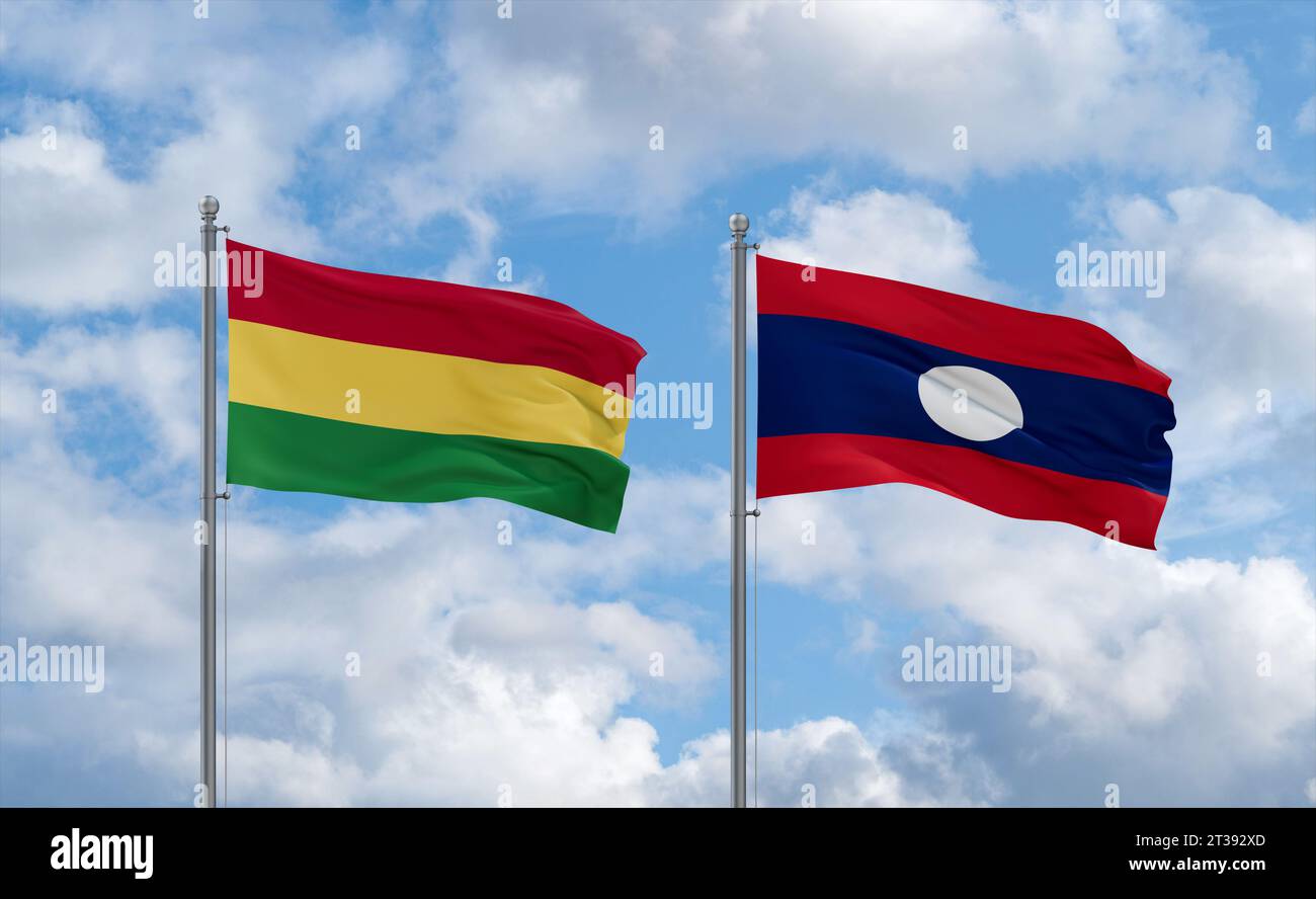 Laos and Bolivia flags waving together on blue cloudy sky, two country relationship concept ...
