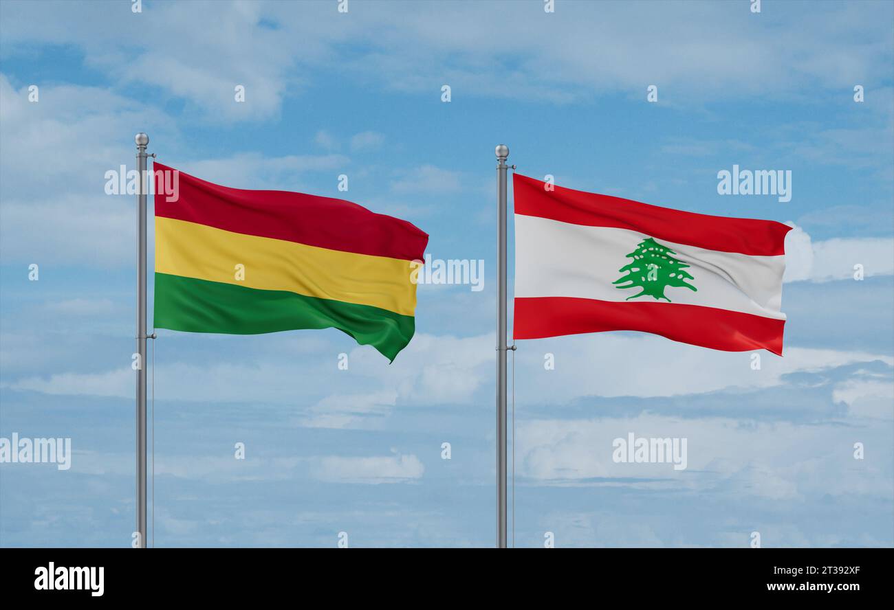 Lebanon and Bolivia flags waving together in the wind on blue cloudy ...
