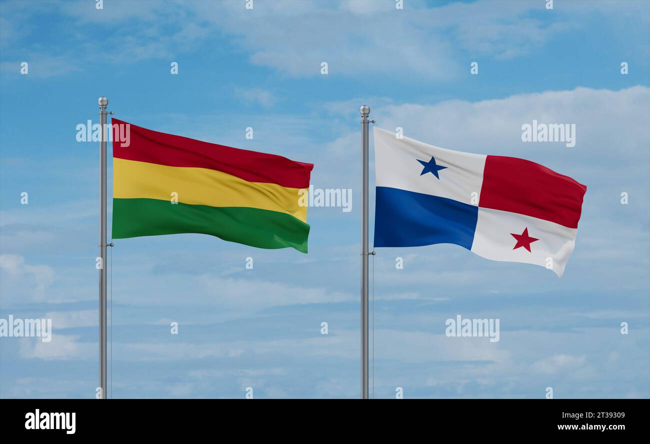 Panama and Bolivia flags waving together on blue cloudy sky, two country relationship concept ...