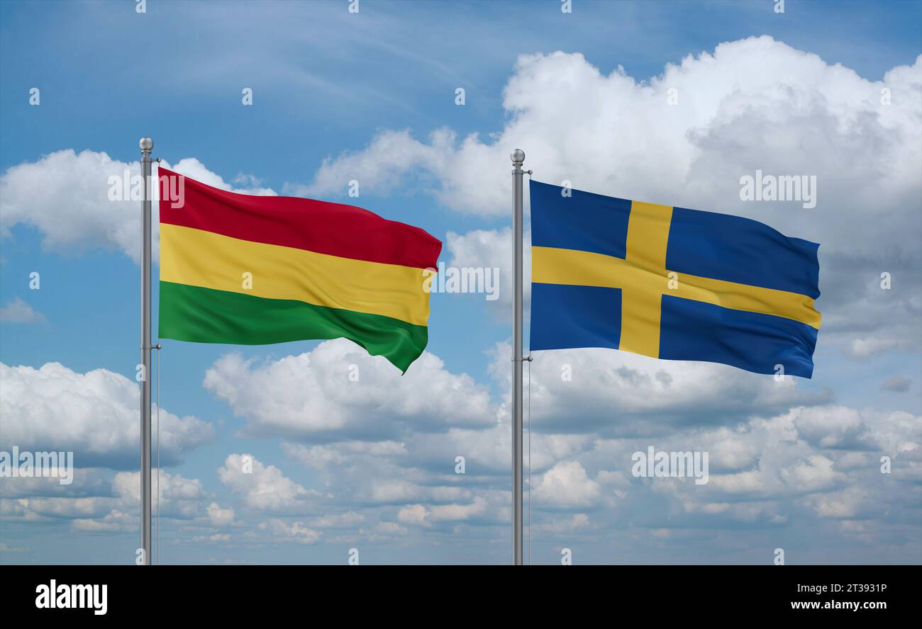 Sweden and Bolivia flags waving together in the wind on blue cloudy sky, two country ...