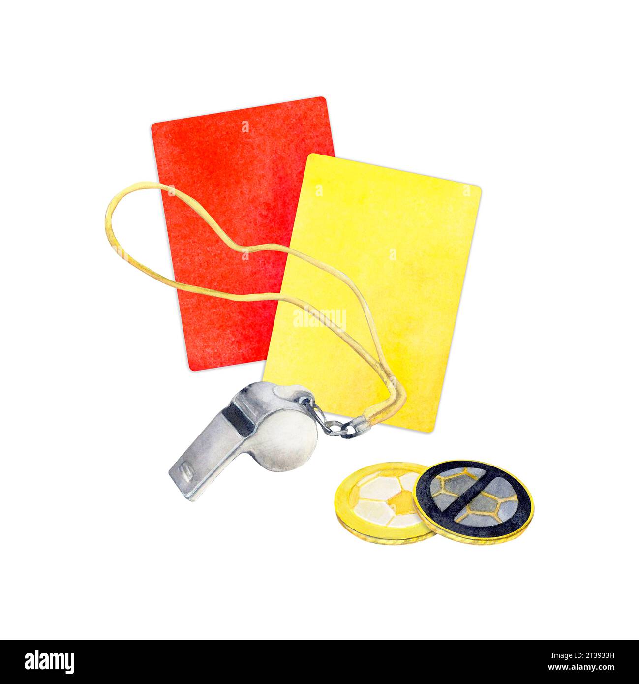 Watercolor drawing set of football whistle, red and yellow warning ...