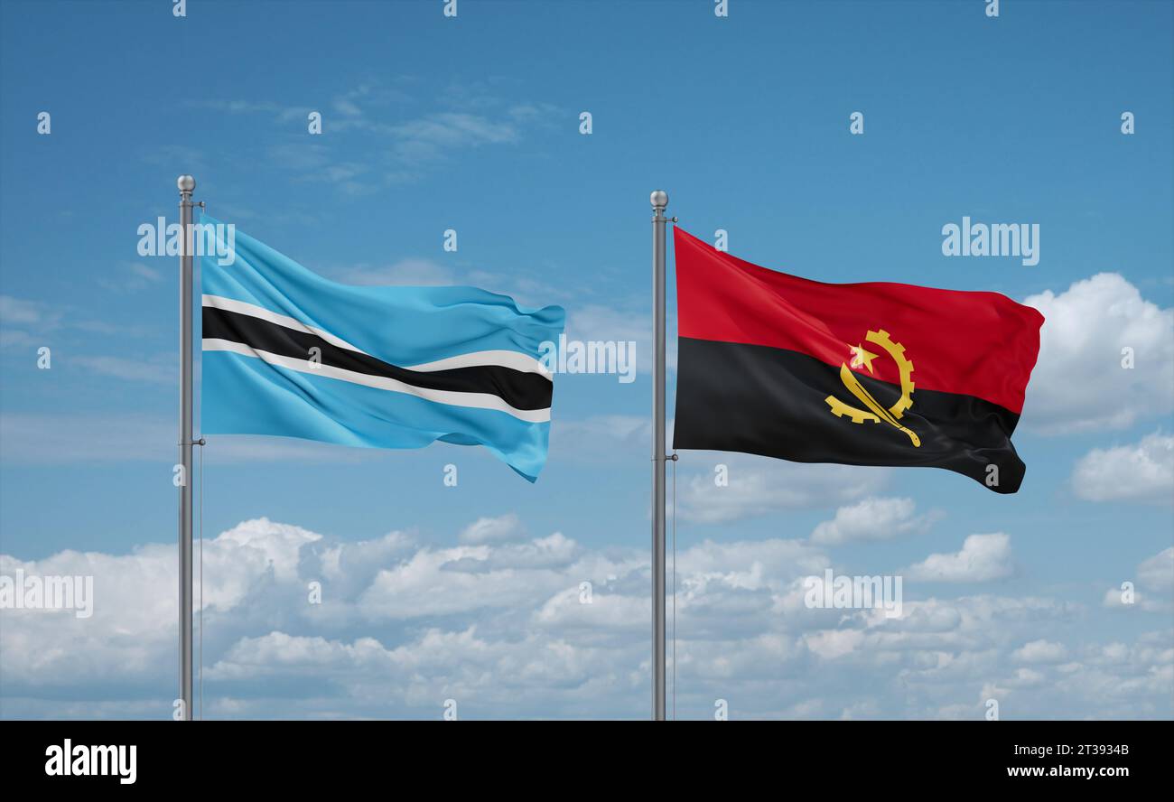 Botswana and Angola flags waving together in the wind on blue cloudy ...