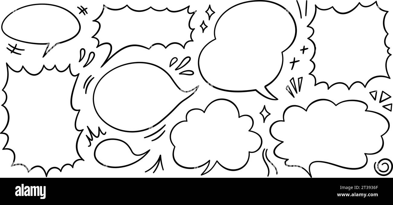 Manga speech bubbles elements. Hand drawn chat boxes. Doodle manga speech balloons. Comic ...