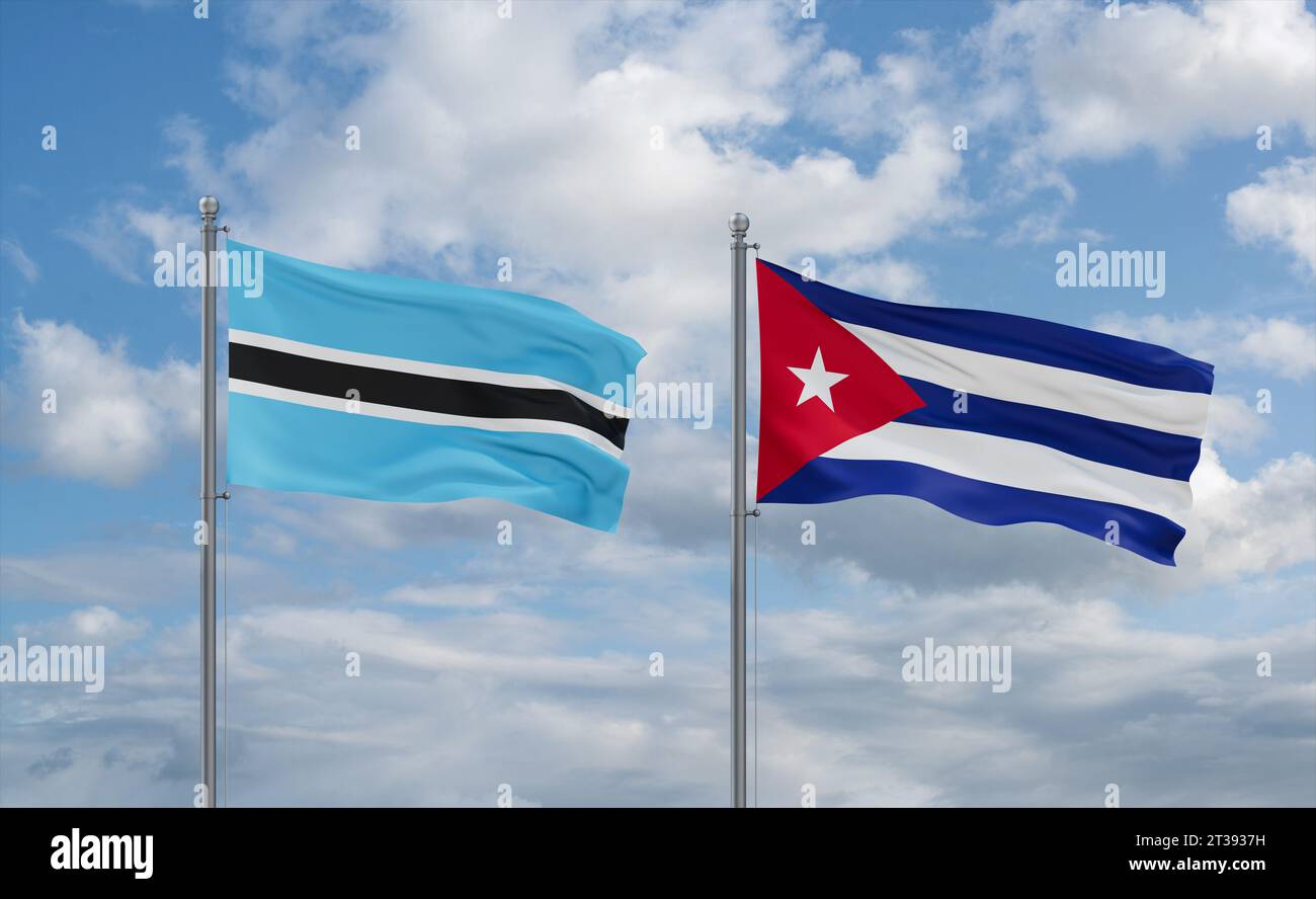 Cuba and Botswana flags waving together in the wind on blue cloudy sky ...