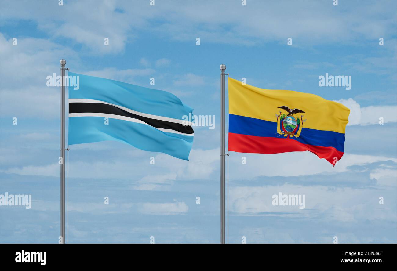 Ecuador and Botswana flags waving together on blue cloudy sky, two country relationship concept ...