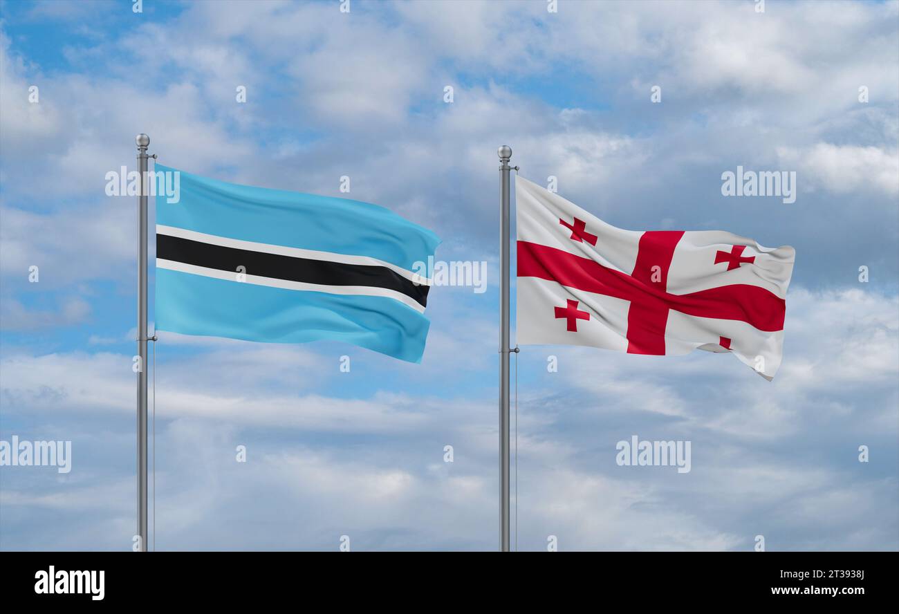 Georgia and Botswana flags waving together on blue cloudy sky, two country relationship concept ...