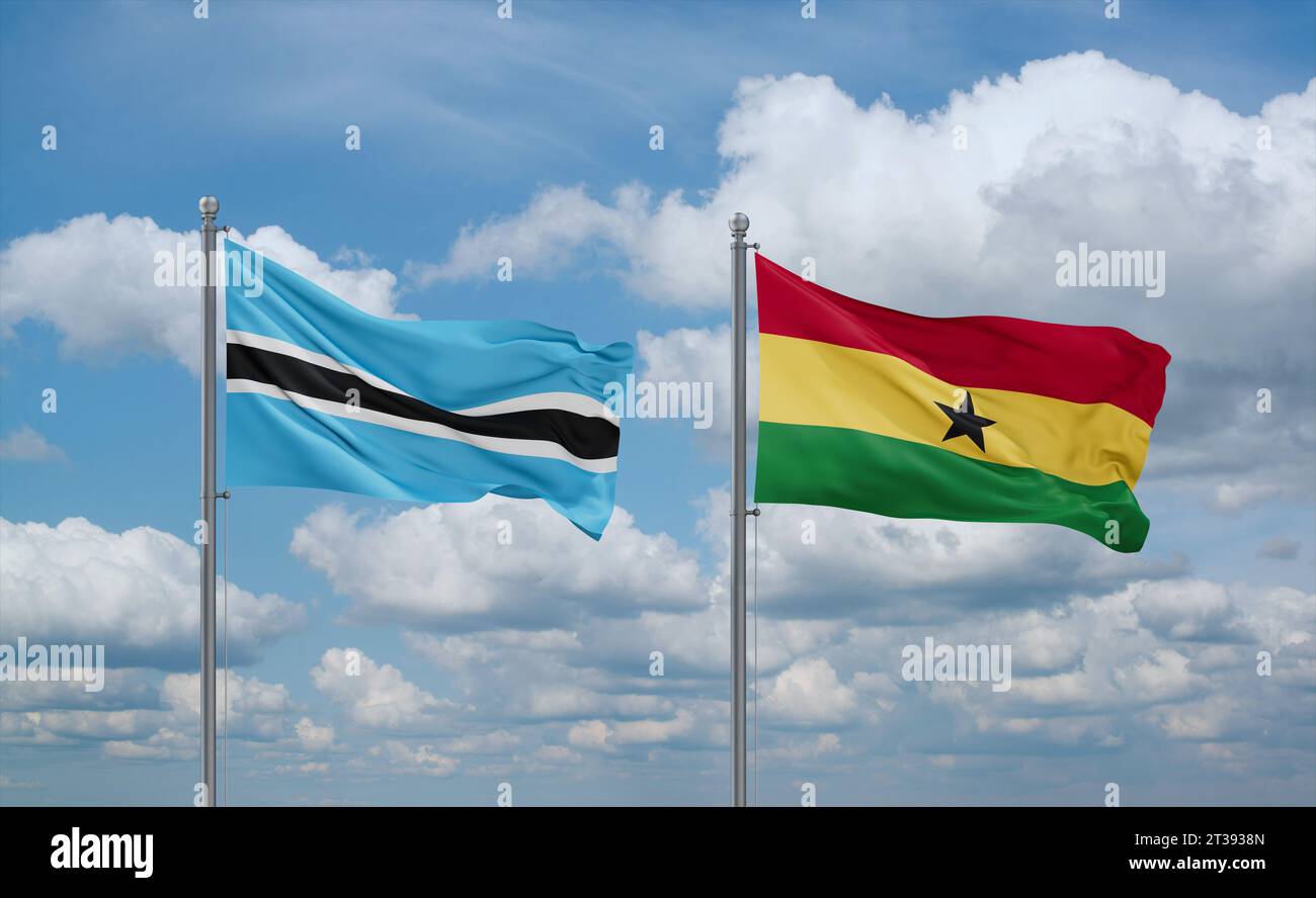 Ghana and Botswana flags waving together on blue cloudy sky, two country relationship concept ...