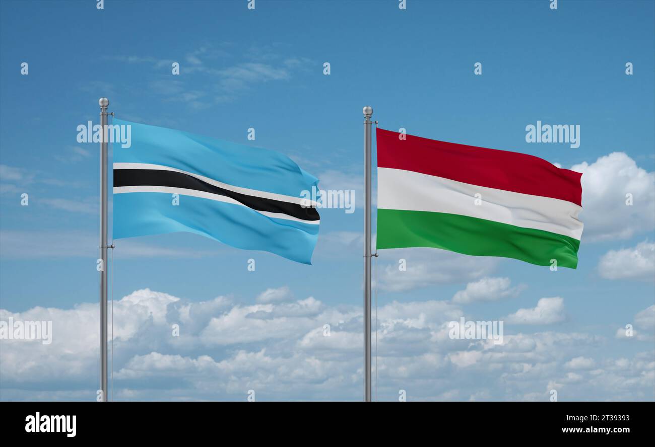 Hungary and Botswana flags waving together on blue cloudy sky, two country relationship concept ...
