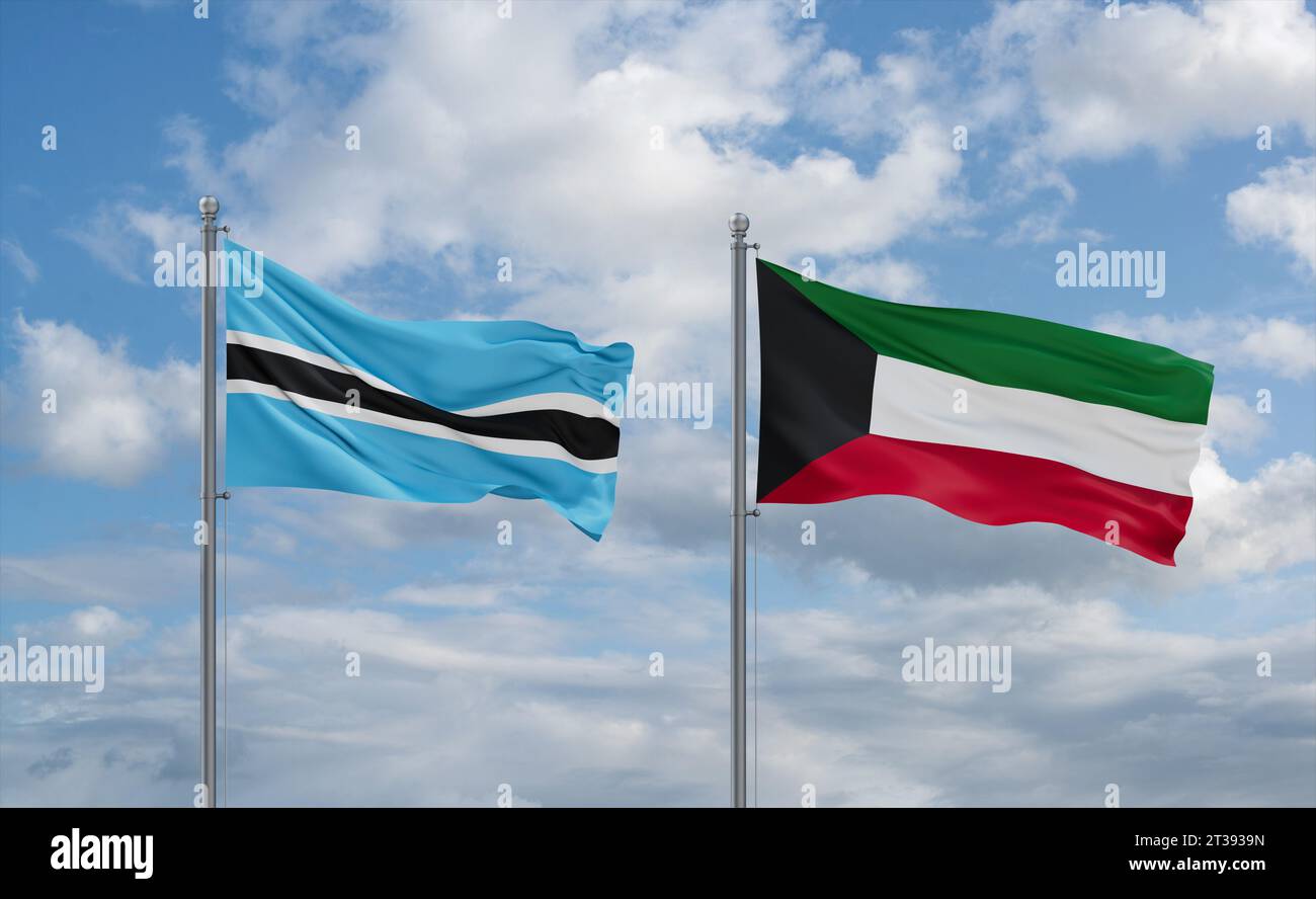 Kuwait and Botswana flags waving together in the wind on blue cloudy sky, two country ...
