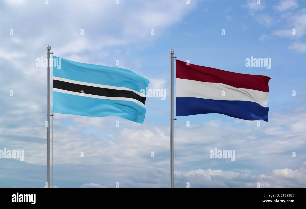 Netherlands and Botswana flags waving together on blue cloudy sky, two country relationship ...