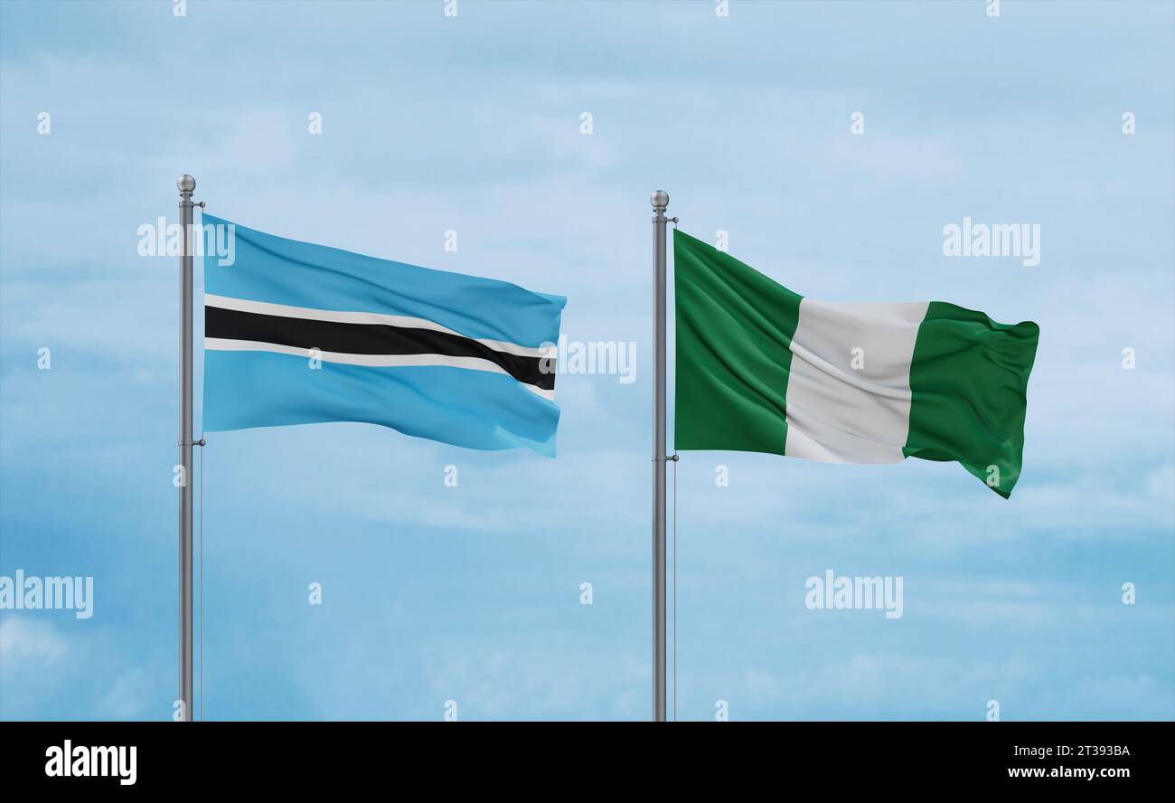 Nigeria and Botswana flags waving together on blue cloudy sky, two country relationship concept ...