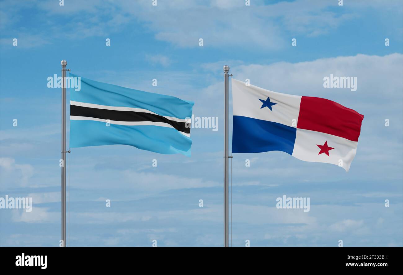 Panama and Botswana flags waving together on blue cloudy sky, two country relationship concept ...