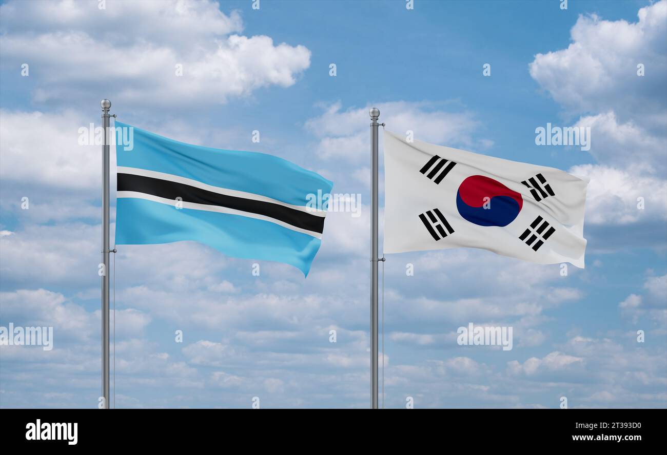 South Korea or Republic of Korea or ROK and Botswana flags waving ...